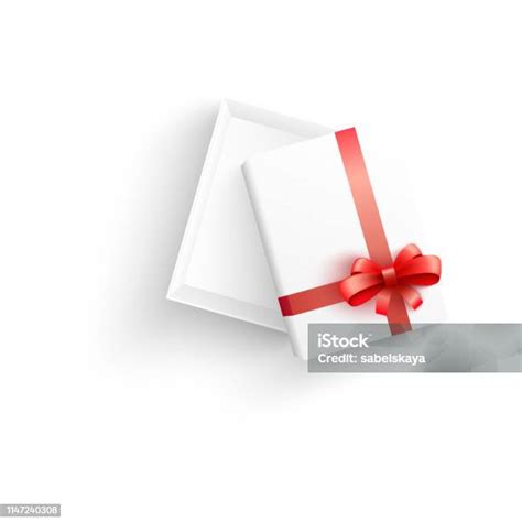 현실적인 3d 고립 된 벡터 일러스트 레이 션에 빨간 리본과 활으로 장식 된 열린 빈 흰색 선물 상자의 평면도축 및 깜짝 디자인을 위한 종이 선물 상자의 레이아웃 3차원