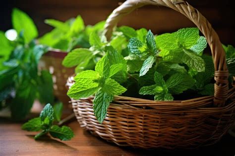 Premium Ai Image Peppermint On Wooden Background In Small Basket Closeup