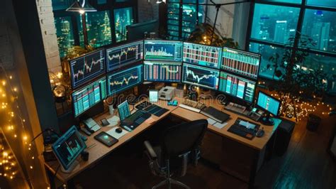 high tech trading workstation with multiple screens displaying
