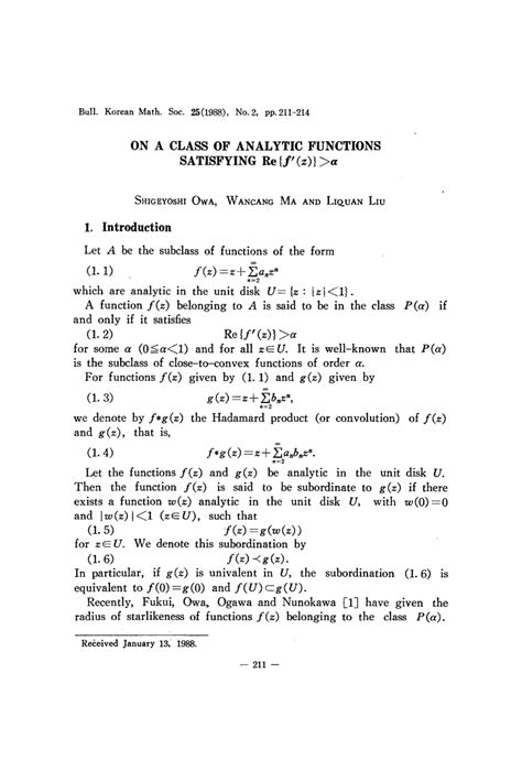 Pdf On A Class Of Analytic Functions Satisfying Re F Z α