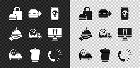 온라인 주문 햄버거 배달 음식 피자 자동차로 빠른 커피 컵 갈 트레이 음식과 아이콘으로 덮여 설정합니다 벡터 Brand Name Smart Phone에 대한 스톡 벡터 아트