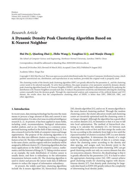 Pdf A Dynamic Density Peak Clustering Algorithm Based On K Nearest Neighbor
