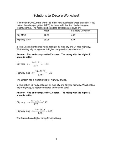 Statistics Worksheet Calculating Zscores