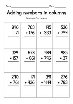Adding Digit Numbers In Columns FREEBIE By ST Creative Teaching