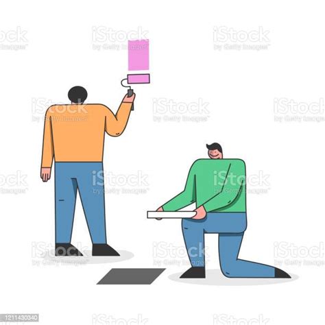 홈 수리 개념 두 명의 수리인이 집을 수리합니다 남성 만화 캐릭터 페인트 벽과 타일링 도구를 갖춘 전문 건설 노동자 만화 선형