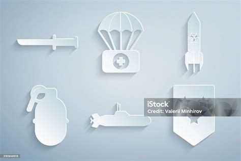 잠수함 생물학적 위험 로켓 수류탄 갈매기 모양 낙하산 응급 처치 키트 및 군용 칼 아이콘을 설정합니다 벡터 3차원 형태에 대한 스톡 벡터 아트 및 기타 이미지 Istock