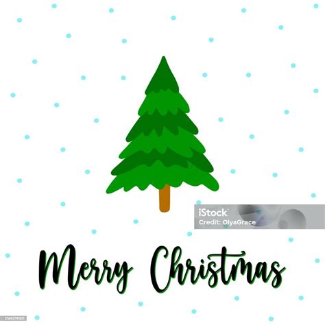 메리 크리스마스 글자와 간단한 크리스마스 트리 인사말 카드 손으로 그린 귀여운 녹색 크리스마스 트리와 배경에 눈이 내립니다 계절 디자인 섬유를 위한 낙서 크리스마스 트리