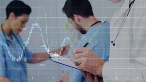 In School Healthcare Professionals Analyzing Financial Data With Animation Graph Overlay Stock