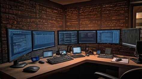 Programmers Desk With Multiple Screens Displaying Code Tech Setup