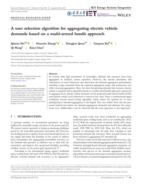 pdf a user selection algorithm for aggregating electric vehicle