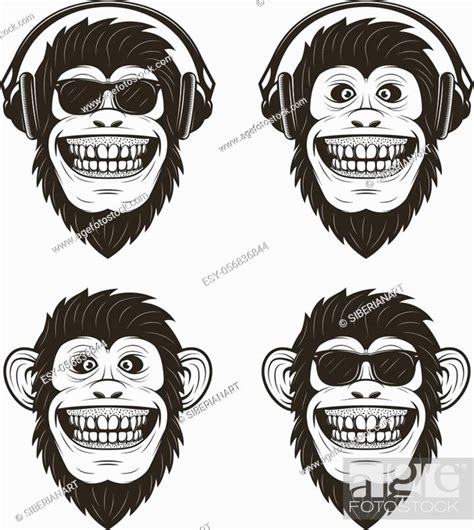 Funny Music Monkey Set Vector Hand Drawn Illustration Isolated On