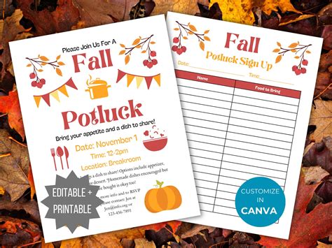 Fall Potluck Flyer And Sign Up Sheet Template Dinner Party Flyer