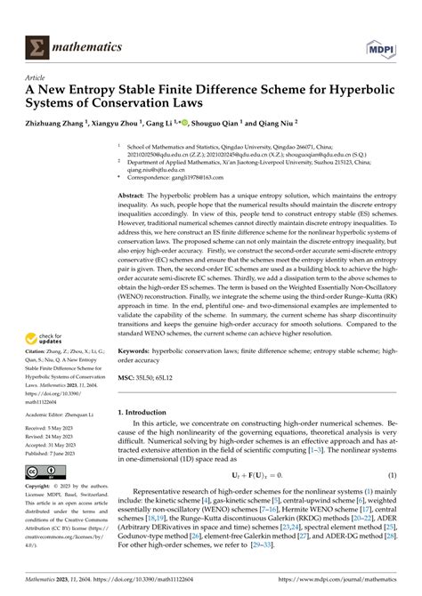 PDF A New Entropy Stable Finite Difference Scheme For Hyperbolic Systems Of Conservation Laws
