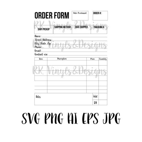 Shop Order Form Printable Etsy