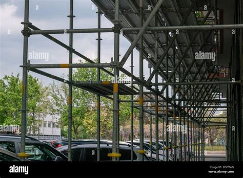 Scaffolding And Construction Site In A Building With Prefabricated