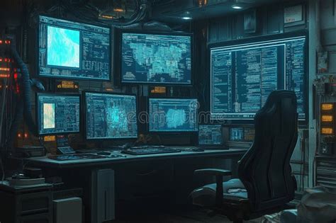 High Tech Hacker Workstation With Multiple Screens Stock Illustration
