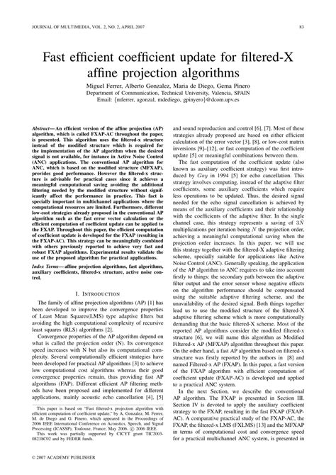 PDF Fast Efficient Coefficient Update For Filtered X Affine Projection Algorithms