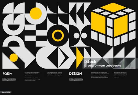 스위스 포스터 디자인 템플릿 레이아웃은 깔끔한 타이포그래피와 다채로운 추상 기하학적 모양의 벡터 패턴입니다 0명에 대한 스톡