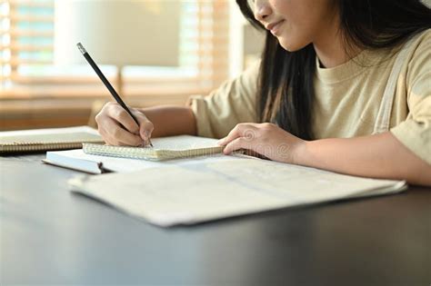 Focused Asian Girl Writing Task Doing Homework While Sitting At Table In Living Room Stock