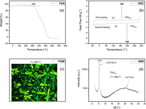 Tga And Dsc Curves Pom Texture And Xrd Pattern In The Colhex Mesophase