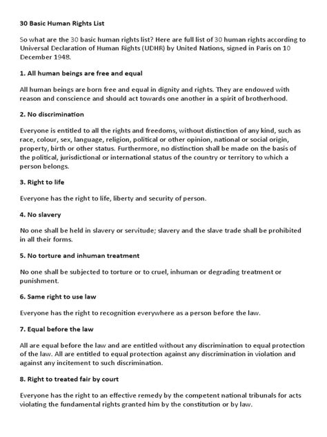 30 Basic Human Rights List Pdf Human Rights Discrimination