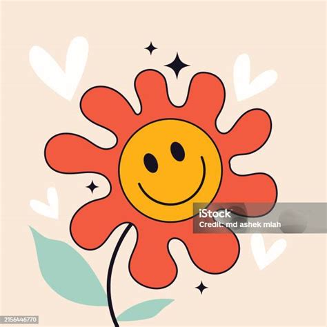 만화 웃는 얼굴과 함께 그루비 꽃 유행 예술 벡터 일러스트 레이 션 의 귀여운 해바라기 여름 꽃 복고풍 캐릭터입니다 낙서 예술 70 년대 스타일의 손으로 그린 꽃