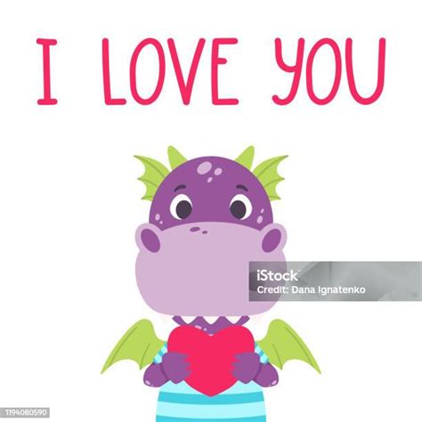 하트와 손으로 그린 글자 따옴표와 귀여운 보라색 드래곤 나는 당신을 사랑해요 발렌타인 데이 인사말 카드입니다 인쇄 카드 및 포스터를 위해 흰색 배경에 격리된 벡터 그림입니다
