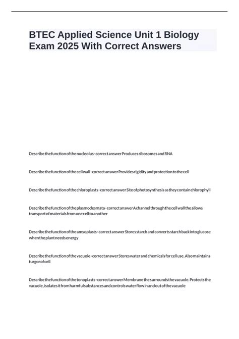 Btec Applied Science Unit 1 Biology Exam 2025 With Correct Answers Btec Stuvia Us