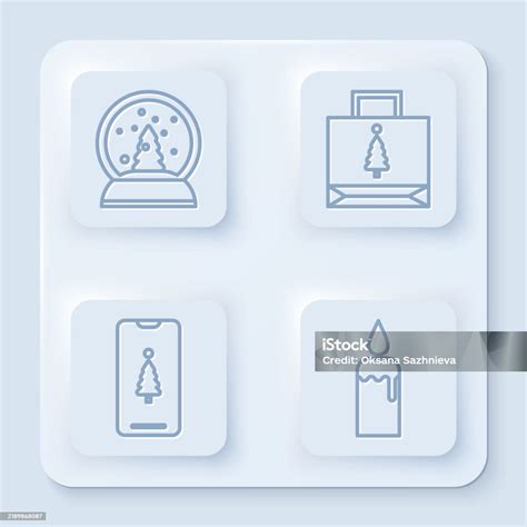 세트 라인 크리스마스 스노우 글로브 크리스마스 종이 쇼핑백 선물 상자가 있는 스마트폰 촛대에 불타는 촛불 흰색 사각형 버튼입니다 벡터 Brand Name Smart