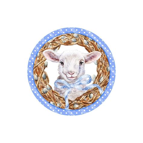 Easter Lamb Round Wreath Sign Rustic Blue Ribbon Farmhouse Spring