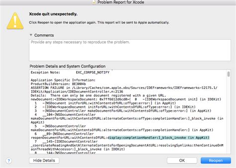 xcode crashes due to there can only be one document registered with a