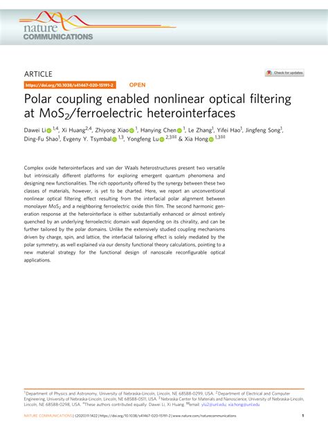 Pdf Polar Coupling Enabled Nonlinear Optical Filtering At Mos2