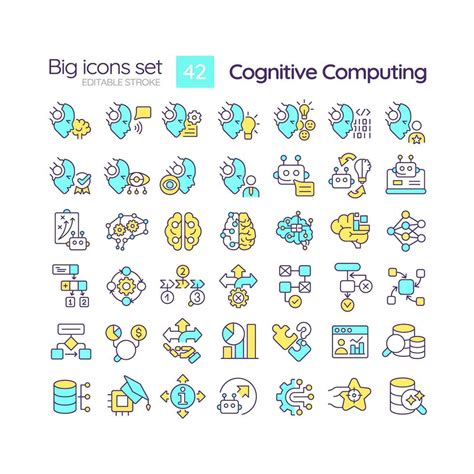 D Editable Multicolor Big Thin Line Icons Set Representing Cognitive Computing Isolated Simple