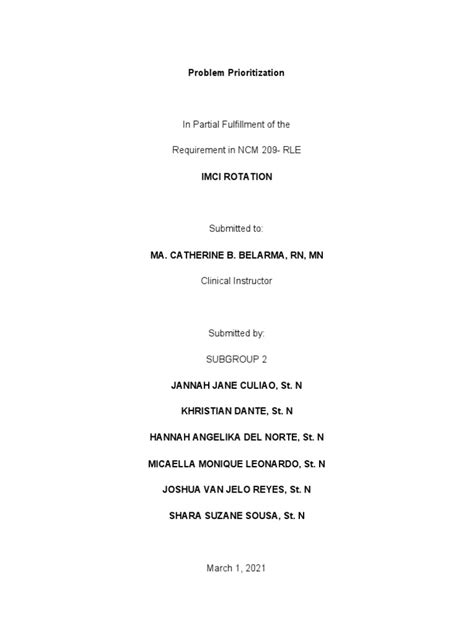 Problem Prioritization In Partial Fulfillment Of The Requirement In Ncm 209 Rle Pdf Foods