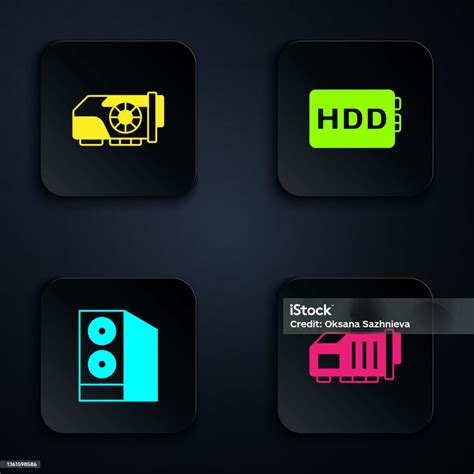 비디오 그래픽 카드 컴퓨터 및 하드 디스크 드라이브 Hdd의 경우를 설정합니다 검은 색 사각형 버튼 벡터 Cpu에 대한 스톡
