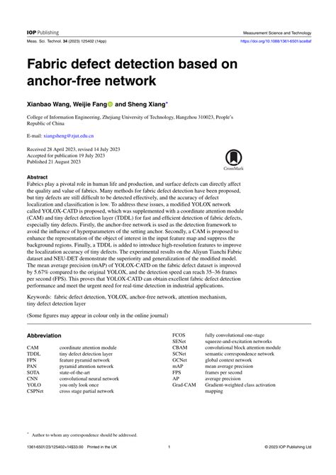 Fabric Defect Detection Based On Anchor Free Network