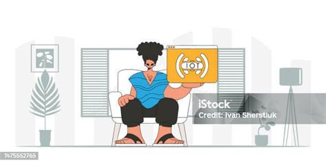 가이는 벡터 현대 문자 스타일로 바닥에 앉아있는 동안 Iot 로고를 들고 있습니다 그래픽 사용자 인터페이스에 대한 스톡 벡터