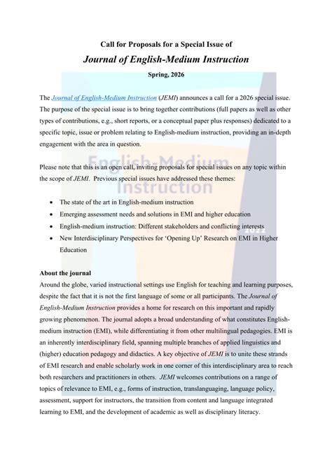 Pdf Call For Proposals For A Special Issue Of Journal Of English Medium Instruction 2026