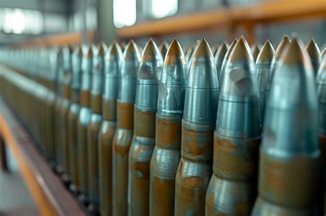 A Close Up Of A Row Of Bullet Shells On A Shelf Premium Ai Generated