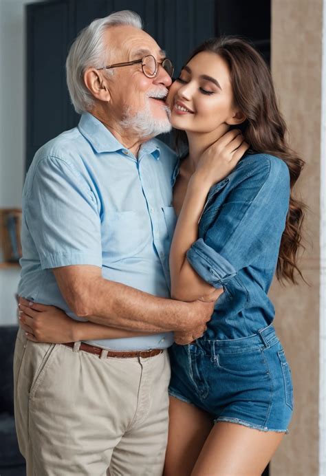 おじいちゃんは美しくてセクシーな若い女性の隣に立っています 彼女を抱きしめ、彼女にキスする 彼らは幸せです Seaart Ai