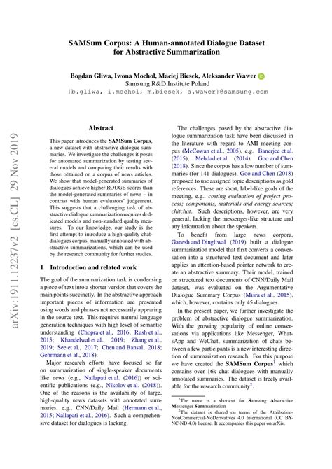 Pdf Samsum Corpus A Human Annotated Dialogue Dataset For Abstractive Summarization