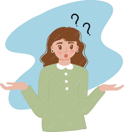 많은 물음표 삽화를 가진 젊은 여성 예쁜 생각과 혼란스러운 의심스러운 표정 프리미엄 벡터