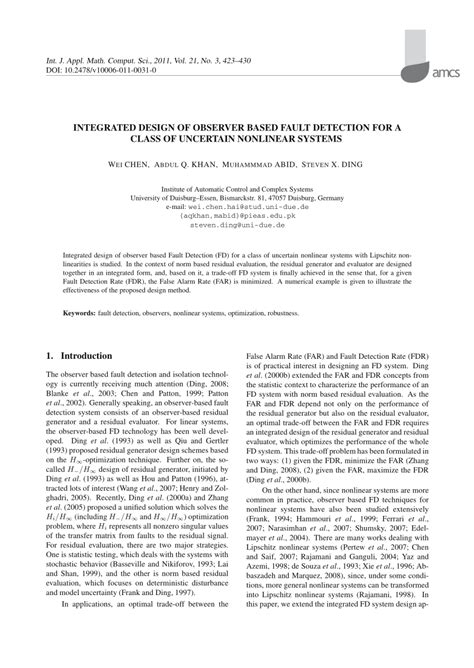 Pdf Integrated Design Of Observer Based Fault Detection For A Class