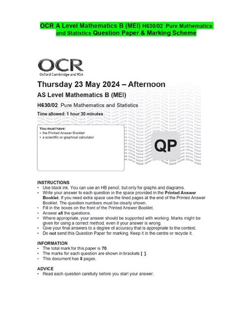 Ocr A Level Mathematics B Mei H63002 Pure Mathematics And Statistics Question Paper And Marking