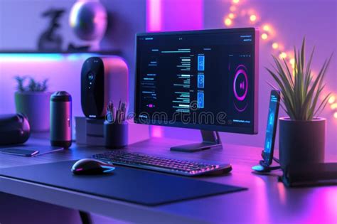modern workspace setup featuring glowing elements and sleek technology during evening hours