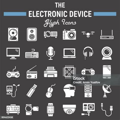 전자 장치 고체 아이콘 설정 문자 무늬 로고 일러스트 벡터 스케치 기술 기호 컬렉션 패키지 Eps 10 검은 배경에 고립 0명에 대한 스톡 벡터 아트 및 기타 이미지