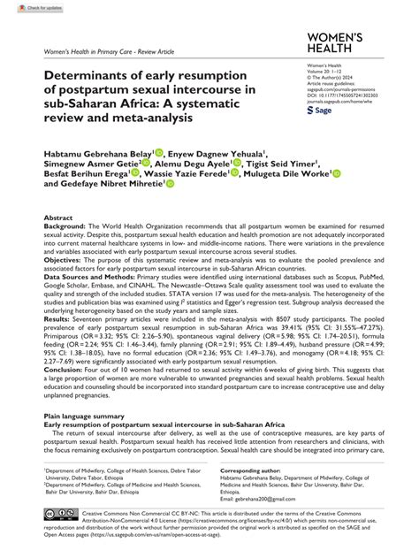 Pdf Determinants Of Early Resumption Of Postpartum Sexual Intercourse