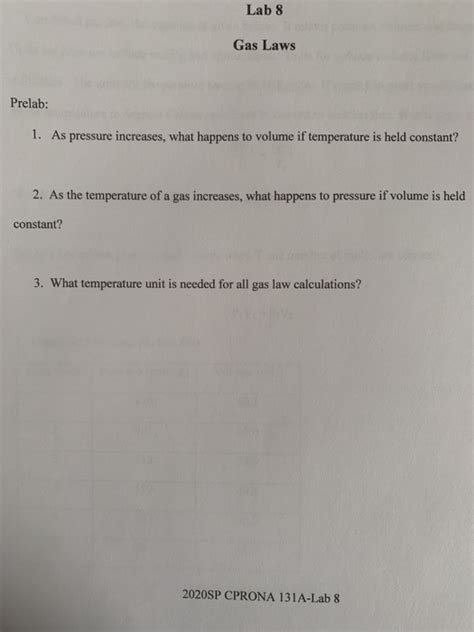 Solved Lab 8 Gas Laws Prelab 1 As Pressure Increases What