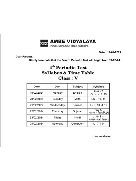 4th Periodic Test Time Table Class V Pdf