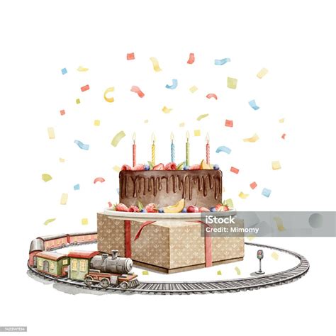 기차 생일 케이크 및 색종이가있는 수채화 장난감 둥근 철도 수채화에 대한 스톡 벡터 아트 및 기타 이미지 수채화 색종이